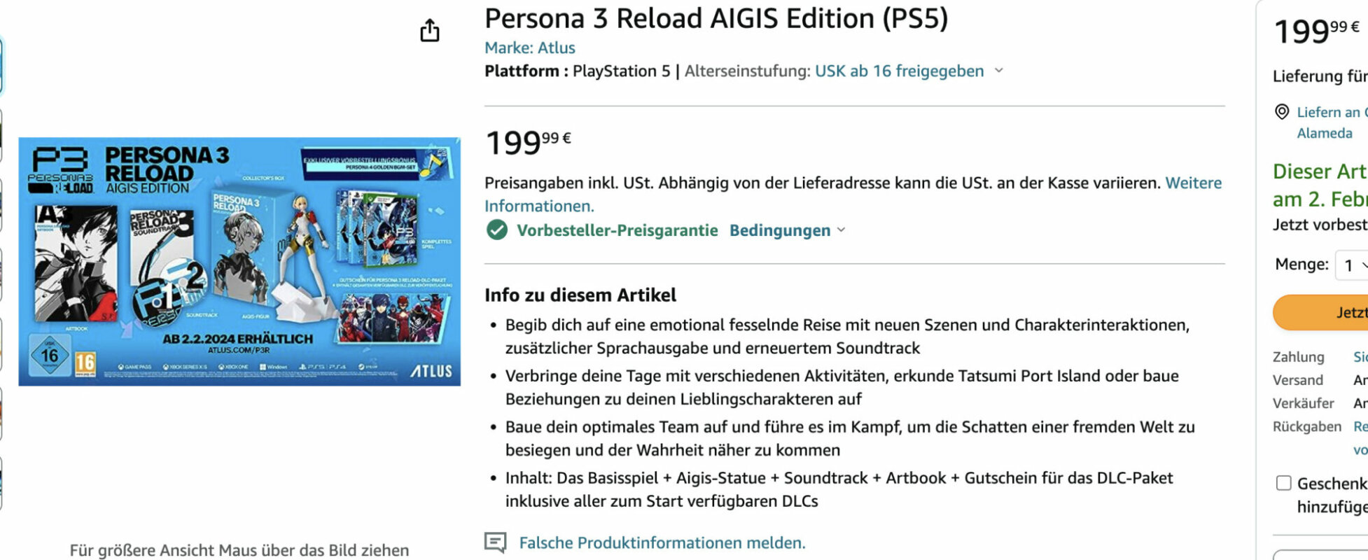 La Edición Aigis (coleccionista) de Persona 3 Reload ya se puede reservar en Amazon Alemania